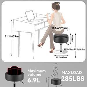 RunLexi Vanity Stool with Storage, Makeup Room Seat Chair, Adjustable Height 20.5" to 26.9", PU Leather Round Vanity Chair with Removable Tray, Bathroom, Bedroom, Office, 360° Swivel Stool, Black