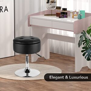 RunLexi Vanity Stool with Storage, Makeup Room Seat Chair, Adjustable Height 20.5" to 26.9", PU Leather Round Vanity Chair with Removable Tray, Bathroom, Bedroom, Office, 360° Swivel Stool, Black