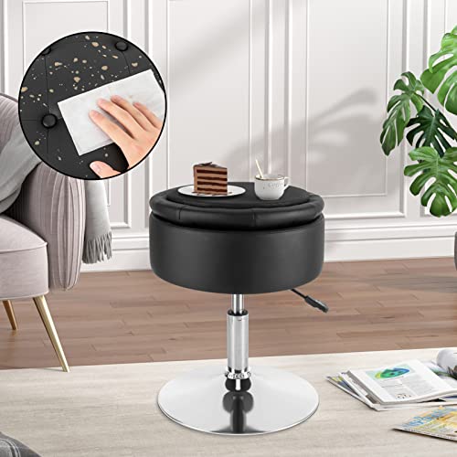 RunLexi Vanity Stool with Storage, Makeup Room Seat Chair, Adjustable Height 20.5" to 26.9", PU Leather Round Vanity Chair with Removable Tray, Bathroom, Bedroom, Office, 360° Swivel Stool, Black