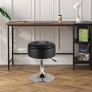 RunLexi Vanity Stool with Storage, Makeup Room Seat Chair, Adjustable Height 20.5" to 26.9", PU Leather Round Vanity Chair with Removable Tray, Bathroom, Bedroom, Office, 360° Swivel Stool, Black