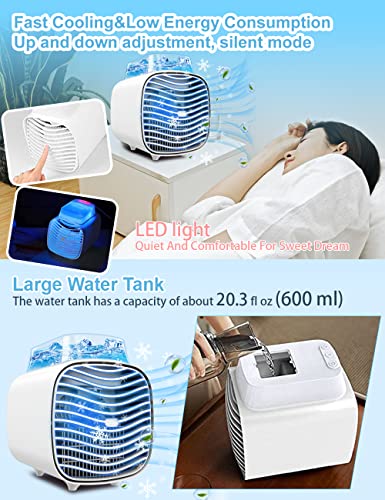 Portable Air Conditioner, Futtest Personal Evaporative Cooler Air Conditioner Fan with 600ml Water Tank Cordless&Rechargeable Desk Cooling Fan LED Light for Room and Office