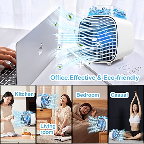 Portable Air Conditioner, Futtest Personal Evaporative Cooler Air Conditioner Fan with 600ml Water Tank Cordless&Rechargeable Desk Cooling Fan LED Light for Room and Office