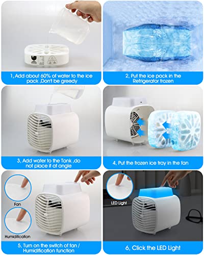 Portable Air Conditioner, Futtest Personal Evaporative Cooler Air Conditioner Fan with 600ml Water Tank Cordless&Rechargeable Desk Cooling Fan LED Light for Room and Office