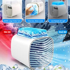 Portable Air Conditioner, Futtest Personal Evaporative Cooler Air Conditioner Fan with 600ml Water Tank Cordless&Rechargeable Desk Cooling Fan LED Light for Room and Office