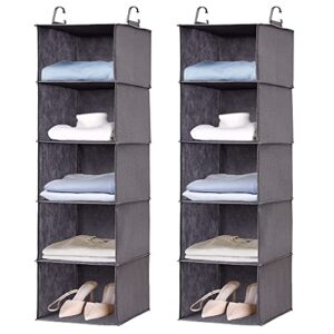 royfacc hanging closet organizer 5-shelf collapsible hanging closet shelves hanging storage organizer for closet with 2 metal hooks, 2 pack (grey, 5 shelves)