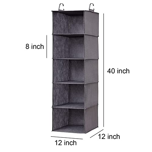 ROYFACC Hanging Closet Organizer 5-Shelf Collapsible Hanging Closet Shelves Hanging Storage Organizer for Closet with 2 Metal Hooks, 2 Pack (Grey, 5 Shelves)