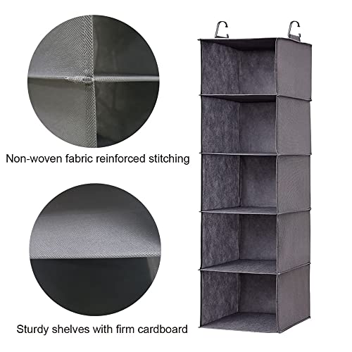 ROYFACC Hanging Closet Organizer 5-Shelf Collapsible Hanging Closet Shelves Hanging Storage Organizer for Closet with 2 Metal Hooks, 2 Pack (Grey, 5 Shelves)