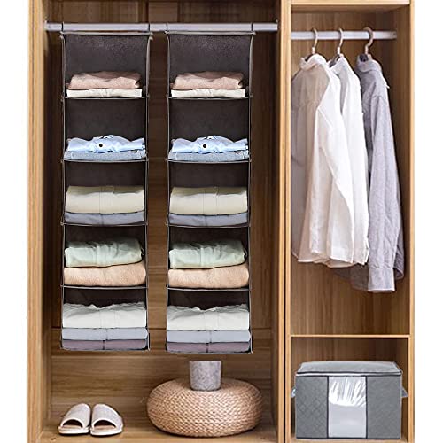 ROYFACC Hanging Closet Organizer 5-Shelf Collapsible Hanging Closet Shelves Hanging Storage Organizer for Closet with 2 Metal Hooks, 2 Pack (Grey, 5 Shelves)