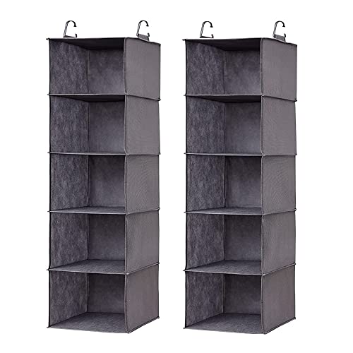 ROYFACC Hanging Closet Organizer 5-Shelf Collapsible Hanging Closet Shelves Hanging Storage Organizer for Closet with 2 Metal Hooks, 2 Pack (Grey, 5 Shelves)