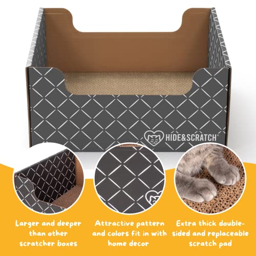 Hide & Scratch: Extra-Large Heavy Duty Cardboard Cat Scratcher and Lounger Box with Refillable Scratch Pad - Multiple Colors