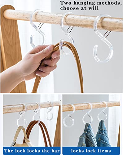 S Hooks with Safety Buckle for Hanging, Anti-Drop S Shaped Hooks, Heavy Duty Rustproof S Hangers for Kitchen Utensil, Closet Rod, Bathroom (32, Clear)