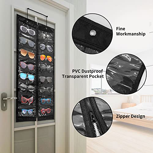 LSVGOE Zippered Sunglasses Organizer, Hanging Dust Proof Wall Slant Pockets Glasses Organizer,Hanging Eyeglasses Wall Pocket Mounted(Black-16)