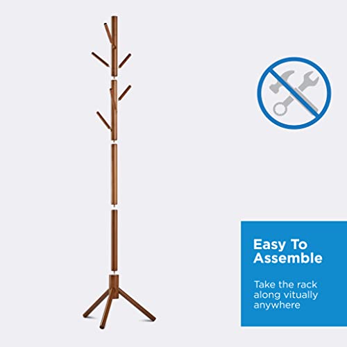 MELDEVO Wooden Tree Coat Rack Stand, 6 Hooks - Super Easy Assembly NO Tools Required - 3 Adjustable Sizes Free Standing Coat Rack, Hallway/Entryway Coat Hanger Stand for Clothes, Suits, Accessories