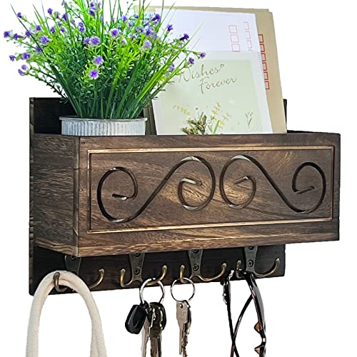 Key and Mail Holder for Wall Mounted with Purple Decorative Flowers, Large Wooden Mail Box with Wave Carving Pattern, 4 Double Metal Key Hooks, Rustic Decor Wall Mount Organizer for Entry