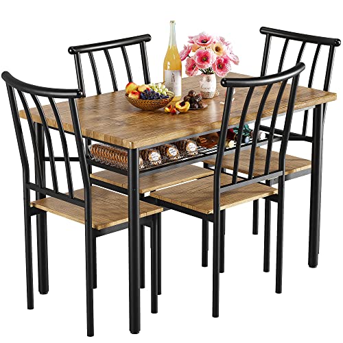 IDEALHOUSE 5 Piece Dining Table Set for 4, Kitchen Table and Chairs for 4 with Storage Rack, Metal and Wood Rectangular Dining Room Table Set for Kitchen, Dining Room, Dinette, Rustic Brown