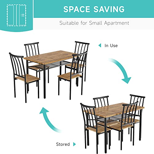 IDEALHOUSE 5 Piece Dining Table Set for 4, Kitchen Table and Chairs for 4 with Storage Rack, Metal and Wood Rectangular Dining Room Table Set for Kitchen, Dining Room, Dinette, Rustic Brown