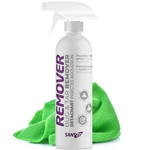 sanszo bug and tar remover - powerful and fast-acting all purpose exterior cleaner & degreaser - streak free car detailing without scratching, with microfiber cloth, 24 oz