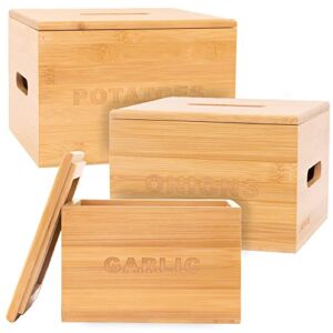 LandHome Onion and Potato Storage Bins (3 Pcs) - Stackable Bamboo Vegetable Containers, Engraved Garlic Pantry Canister, Farmhouse Kitchen Accessories