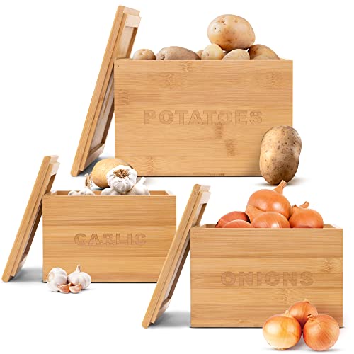 LandHome Onion and Potato Storage Bins (3 Pcs) - Stackable Bamboo Vegetable Containers, Engraved Garlic Pantry Canister, Farmhouse Kitchen Accessories