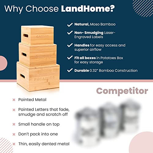 LandHome Onion and Potato Storage Bins (3 Pcs) - Stackable Bamboo Vegetable Containers, Engraved Garlic Pantry Canister, Farmhouse Kitchen Accessories