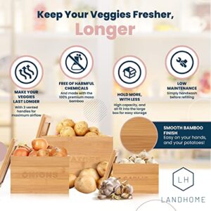 LandHome Onion and Potato Storage Bins (3 Pcs) - Stackable Bamboo Vegetable Containers, Engraved Garlic Pantry Canister, Farmhouse Kitchen Accessories