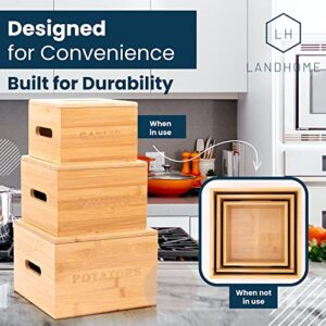 LandHome Onion and Potato Storage Bins (3 Pcs) - Stackable Bamboo Vegetable Containers, Engraved Garlic Pantry Canister, Farmhouse Kitchen Accessories