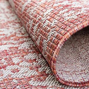 Rugs.com Outdoor Traditional Collection Rug – 4 Ft Round Rust Red Flatweave Rug Perfect for Kitchens, Dining Rooms