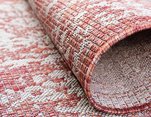 Rugs.com Outdoor Traditional Collection Rug – 4 Ft Round Rust Red Flatweave Rug Perfect for Kitchens, Dining Rooms