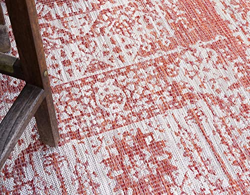 Rugs.com Outdoor Traditional Collection Rug – 4 Ft Round Rust Red Flatweave Rug Perfect for Kitchens, Dining Rooms