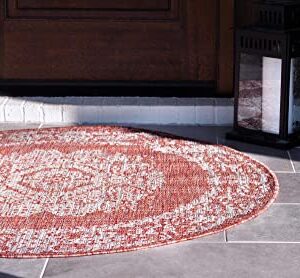 Rugs.com Outdoor Traditional Collection Rug – 4 Ft Round Rust Red Flatweave Rug Perfect for Kitchens, Dining Rooms