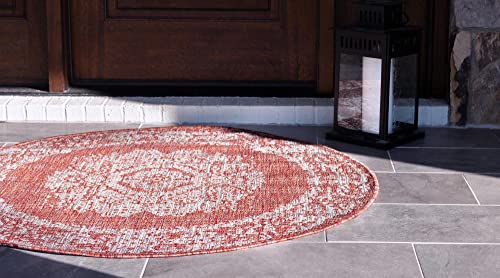 Rugs.com Outdoor Traditional Collection Rug – 4 Ft Round Rust Red Flatweave Rug Perfect for Kitchens, Dining Rooms