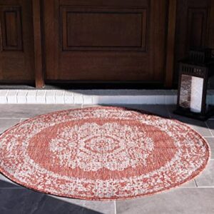 Rugs.com Outdoor Traditional Collection Rug – 4 Ft Round Rust Red Flatweave Rug Perfect for Kitchens, Dining Rooms