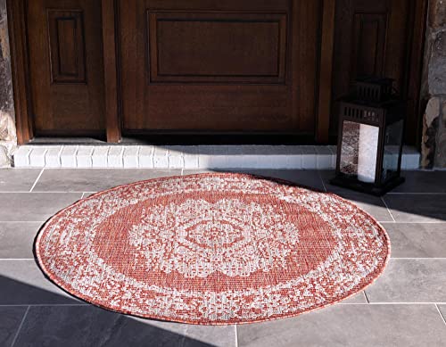 Rugs.com Outdoor Traditional Collection Rug – 4 Ft Round Rust Red Flatweave Rug Perfect for Kitchens, Dining Rooms