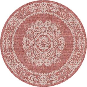 Rugs.com Outdoor Traditional Collection Rug – 4 Ft Round Rust Red Flatweave Rug Perfect for Kitchens, Dining Rooms