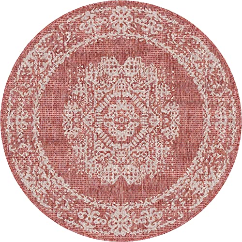 Rugs.com Outdoor Traditional Collection Rug – 4 Ft Round Rust Red Flatweave Rug Perfect for Kitchens, Dining Rooms