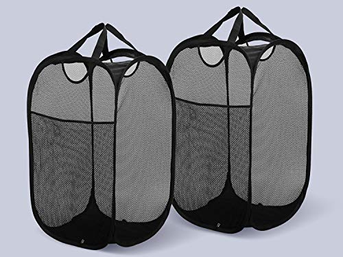 PowerTRC Mesh Pop Up Laundry Basket | Foldable Hamper Basket For Laundry Or Storage | Comes With Side Pockets And Carry Handles | 2 Pack | Black Color