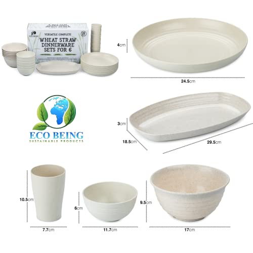 Eco Being Wheat Straw Dinnerware Set for 6 - Light and Unbreakable Plates, Cups, Bowls and Share Dishes. Stackable and Sturdy, Microwavable and Dishwasher Safe Dishes in Beige.