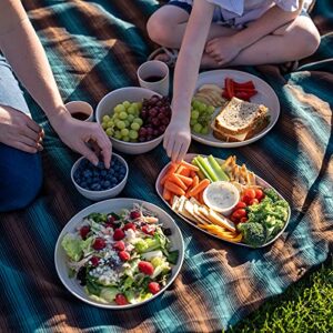 Eco Being Wheat Straw Dinnerware Set for 6 - Light and Unbreakable Plates, Cups, Bowls and Share Dishes. Stackable and Sturdy, Microwavable and Dishwasher Safe Dishes in Beige.