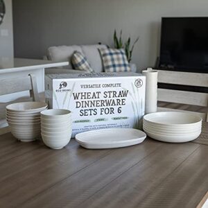 Eco Being Wheat Straw Dinnerware Set for 6 - Light and Unbreakable Plates, Cups, Bowls and Share Dishes. Stackable and Sturdy, Microwavable and Dishwasher Safe Dishes in Beige.