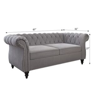 RARZOE Traditional Chesterfield Loveseat Sofa, Modern Vintage Chesterfield Button Tufted Velvet Couch with Nailhead Trim Scrolled Arms for Living Room Bedroom Office(Grey)