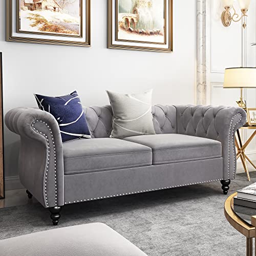 RARZOE Traditional Chesterfield Loveseat Sofa, Modern Vintage Chesterfield Button Tufted Velvet Couch with Nailhead Trim Scrolled Arms for Living Room Bedroom Office(Grey)