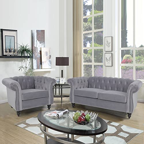 RARZOE Traditional Chesterfield Loveseat Sofa, Modern Vintage Chesterfield Button Tufted Velvet Couch with Nailhead Trim Scrolled Arms for Living Room Bedroom Office(Grey)