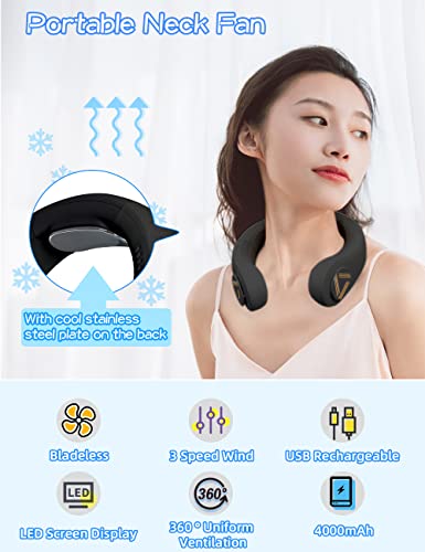 TOWOOZ Portable Neck Fan, Bladeless Neck Fan Hands Free Portable Neck Fan 4000 mAh Ultra Quiet Rechargeable Portable Hanging Neck Fan with 3 Speeds Adjustment, Wearable Fan for Outdoor (Black)