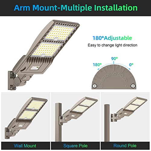 320W LED Parking Lot Lights Arm Mount for Round Square Pole 100-277V 44800LM UL DLC 5000K LED Shoebox Lights Fixtures IP65 Outdoor Commercial Street Area Lighting Replace 1200W Metal Halide HID HPS