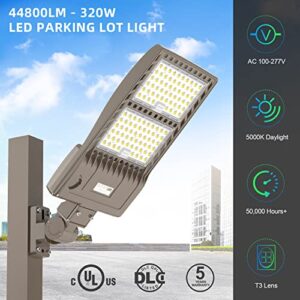 320W LED Parking Lot Lights Arm Mount for Round Square Pole 100-277V 44800LM UL DLC 5000K LED Shoebox Lights Fixtures IP65 Outdoor Commercial Street Area Lighting Replace 1200W Metal Halide HID HPS