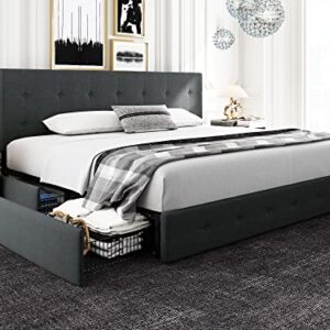 HOOMIC King Size Platform Bed Frame with 4 Storage Drawers, Adjustable Headboard, Square Stitched Button Tufted Design with Wooden Slats, No Box Spring Needed, Dark Grey