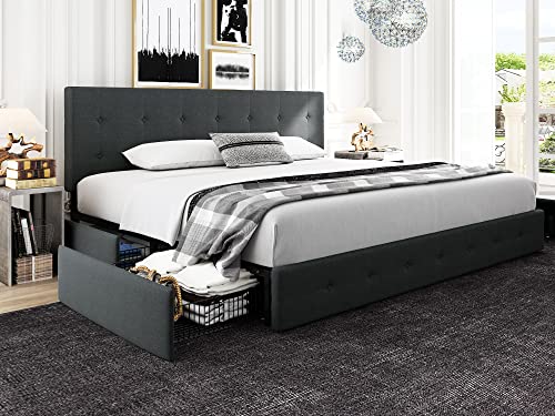 HOOMIC King Size Platform Bed Frame with 4 Storage Drawers, Adjustable Headboard, Square Stitched Button Tufted Design with Wooden Slats, No Box Spring Needed, Dark Grey