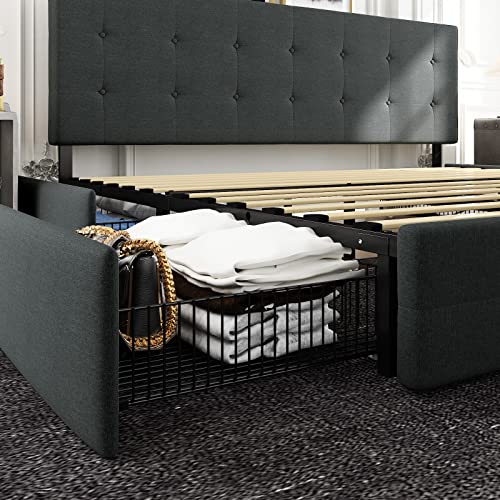 HOOMIC King Size Platform Bed Frame with 4 Storage Drawers, Adjustable Headboard, Square Stitched Button Tufted Design with Wooden Slats, No Box Spring Needed, Dark Grey