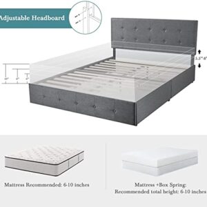 HOOMIC King Size Platform Bed Frame with 4 Storage Drawers, Adjustable Headboard, Square Stitched Button Tufted Design with Wooden Slats, No Box Spring Needed, Dark Grey