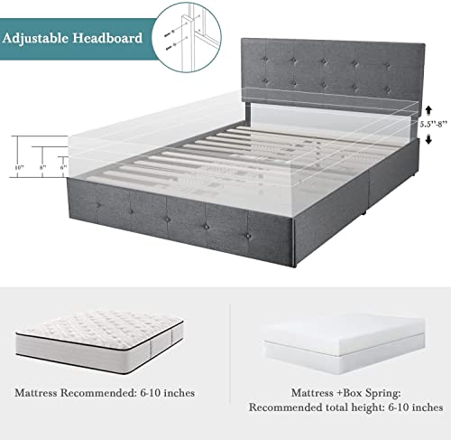 HOOMIC King Size Platform Bed Frame with 4 Storage Drawers, Adjustable Headboard, Square Stitched Button Tufted Design with Wooden Slats, No Box Spring Needed, Dark Grey